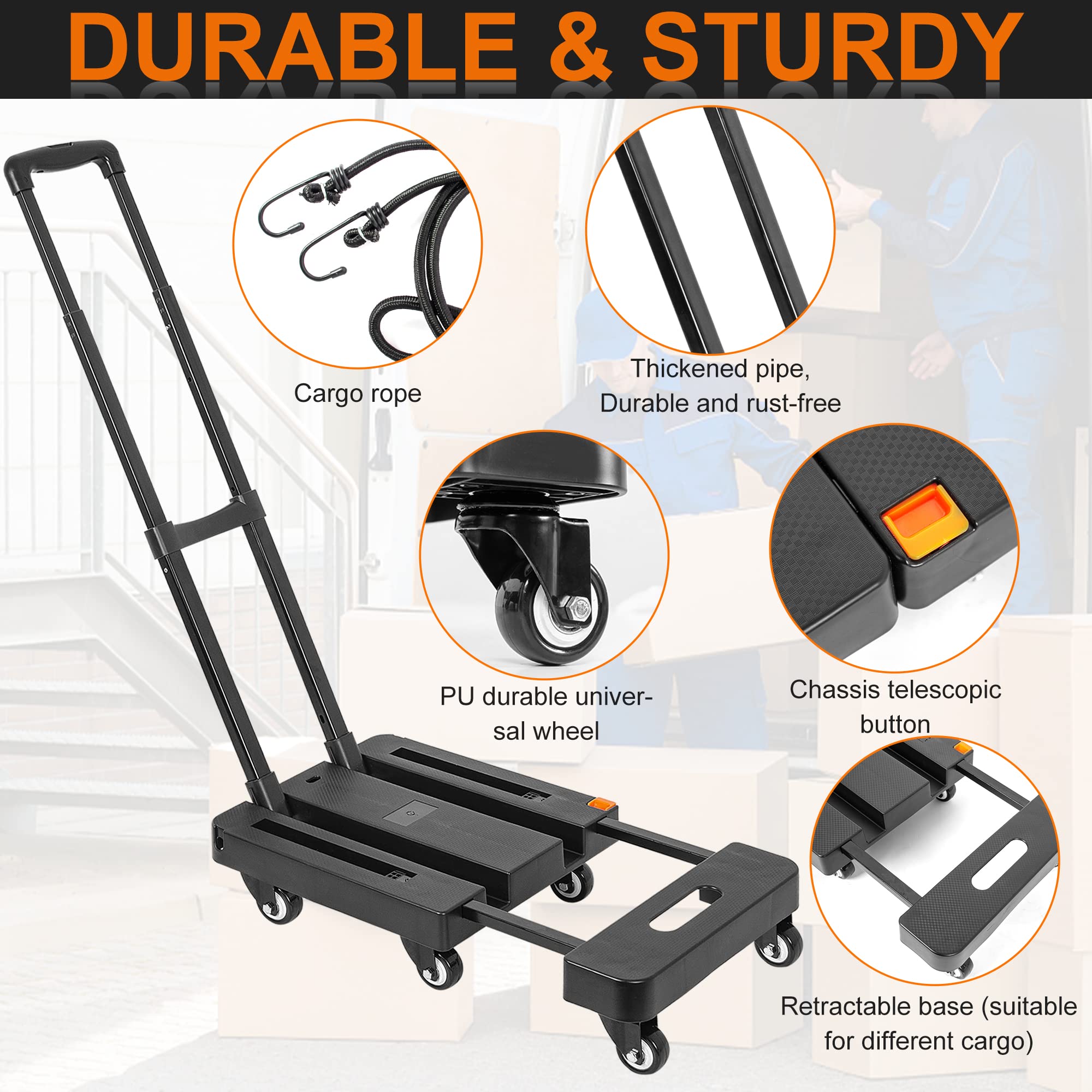 ITHWIU 500 LB Heavy Duty Folding Hand Truck with 6 Wheels Solid Construction Compact and Utility Luggage Cart for Luggage/Personal/Shopping/Auto/Moving & Office Use β Stretchable, Black