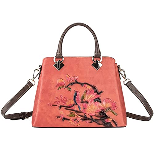 LDCHNH Fashion Genuine Leather Handbag Ladies Large Capacity Vintage Bag Floral Pattern Vintage Style Tote Bag