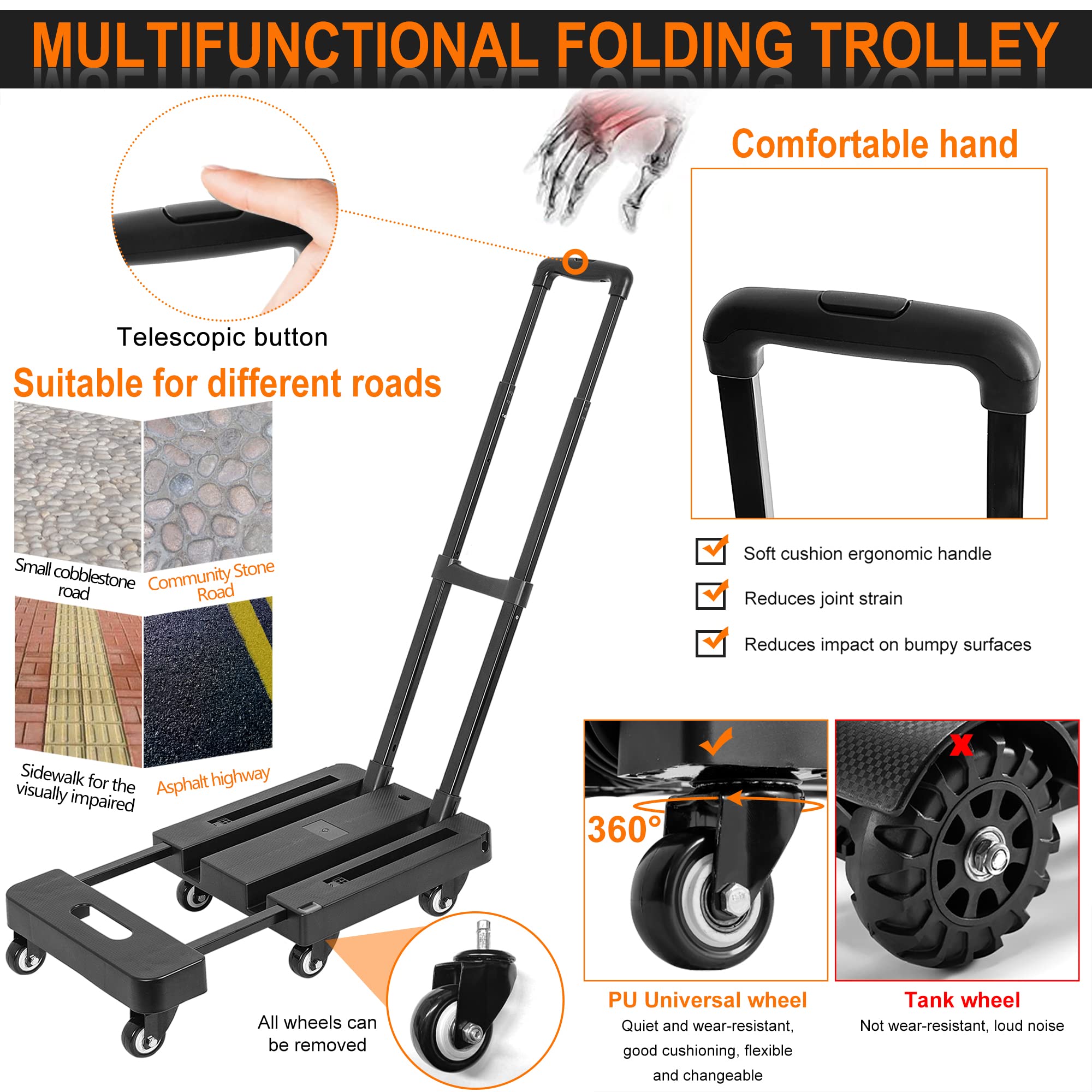 ITHWIU 500 LB Heavy Duty Folding Hand Truck with 6 Wheels Solid Construction Compact and Utility Luggage Cart for Luggage/Personal/Shopping/Auto/Moving & Office Use β Stretchable, Black