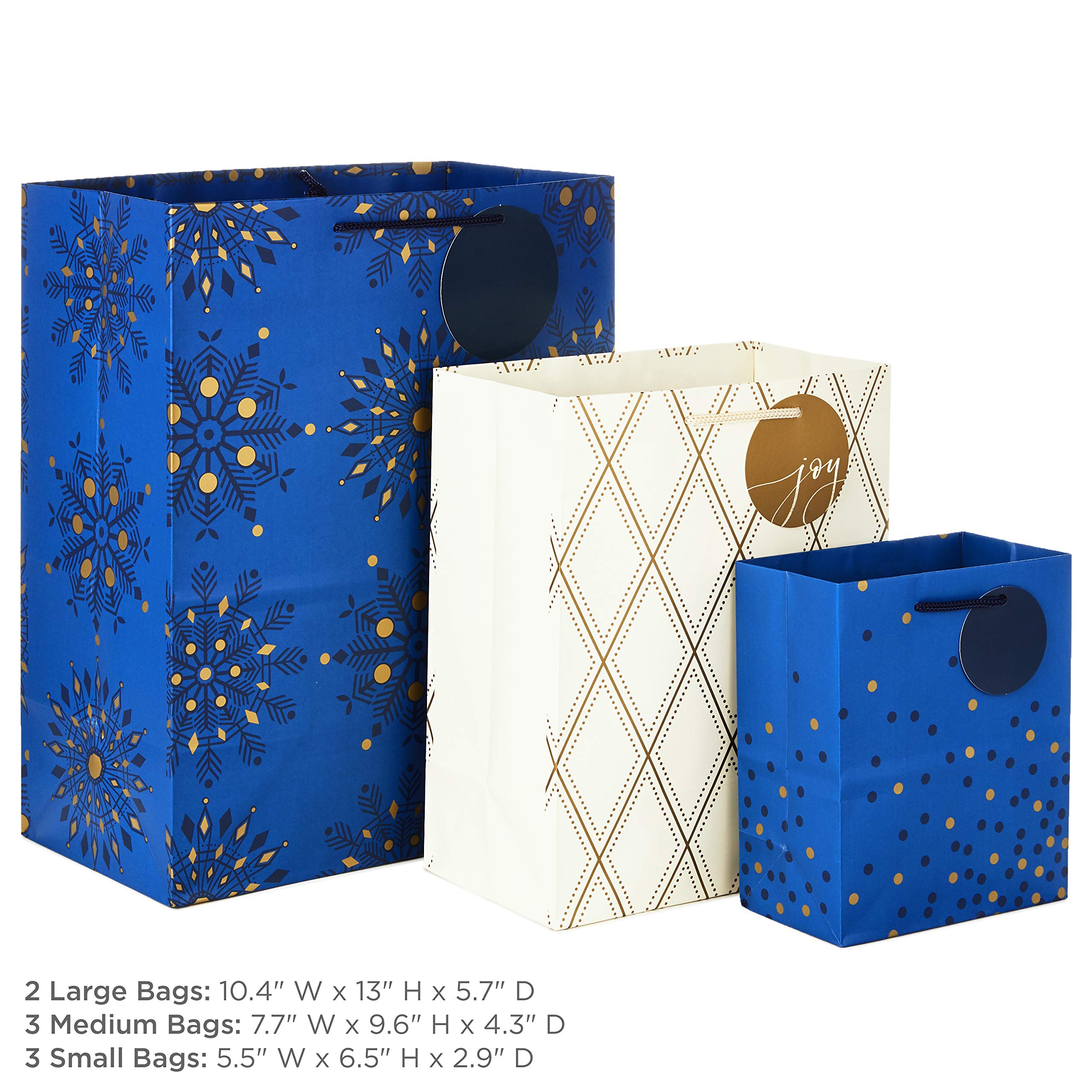 Hallmark Holiday Gift Bags Assorted Sizes (8 : 3 Small 6", 3 Medium 9", 2 Large 13") Navy Blue and Gold Dots, Diamonds and Starry Snowflakes for Christmas, Hanukkah, Weddings, Graduations and More