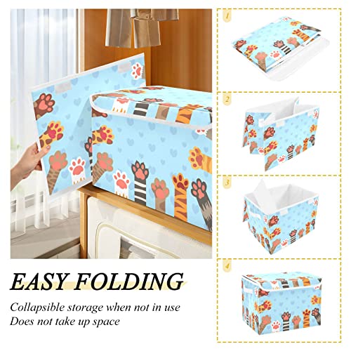 Kigai Storage Basket Cute Paws Storage Boxes with Lids and Handle, Large Storage Cube Bin Collapsible for Shelves Closet Bedroom Living Room, 16.5x12.6x11.8 In