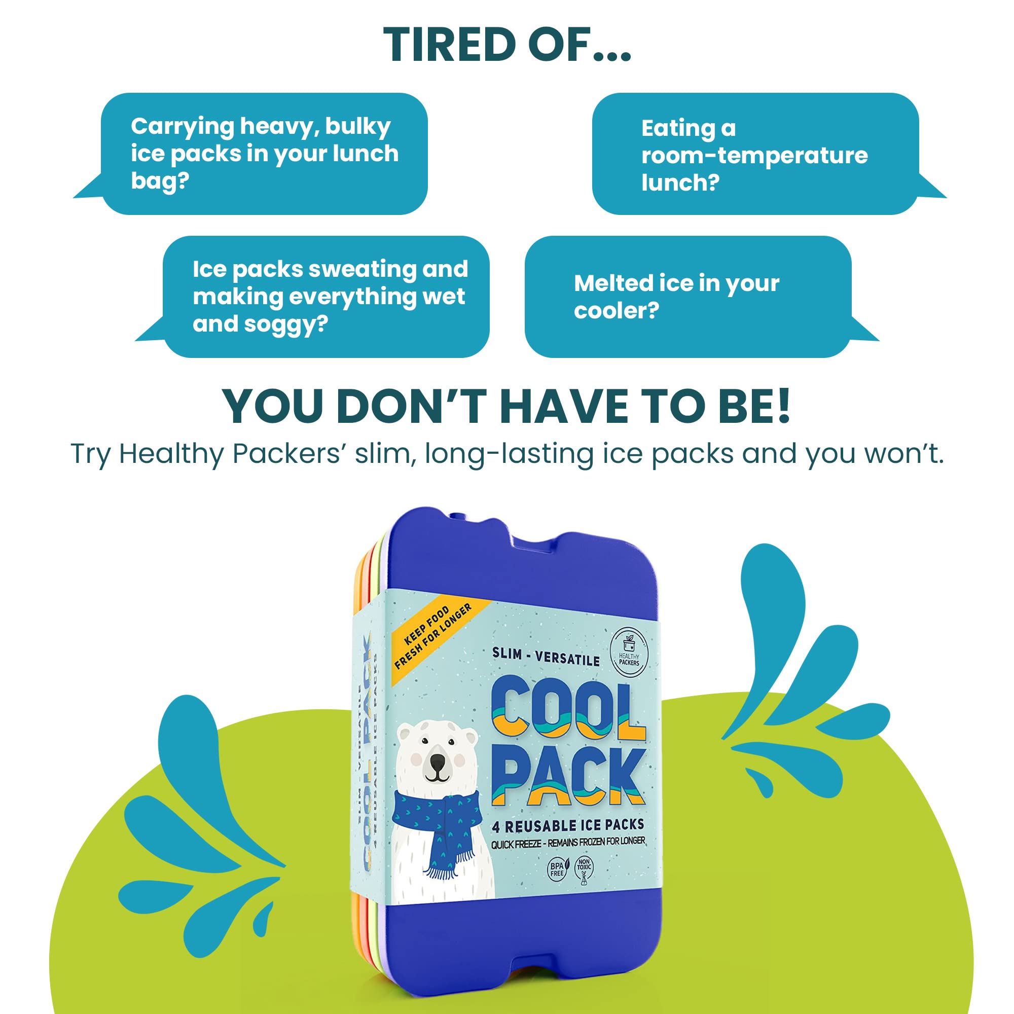 Healthy Packers Ice Pack for Lunch Box - Freezer Packs - Original Cool Pack | Slim & Long-Lasting Reusable Ice Packs for Lunch Bags and Cooler Bag (Set of 4)