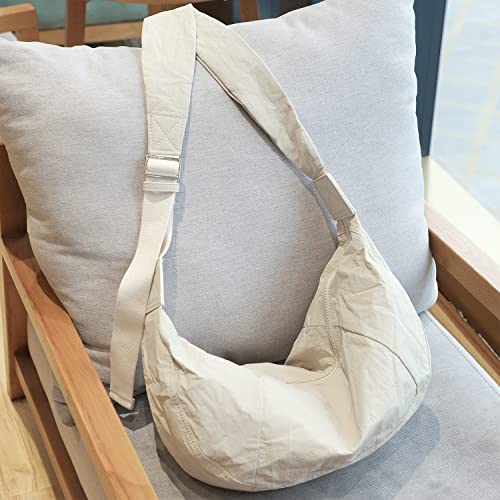 Large Hobo Bag for Women Men, Nylon Crossbody Bag Adjustable Strap Shoulder Bag for School Sport Causal Travel Hiking(Beige)