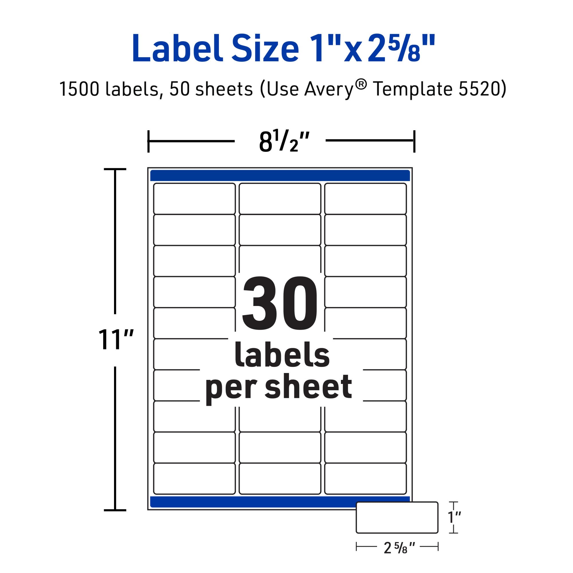 Avery Waterproof Address Labels with Sure Feed & TrueBlock 1" x 2-5/8", 1,500 White Laser Labels (5520)