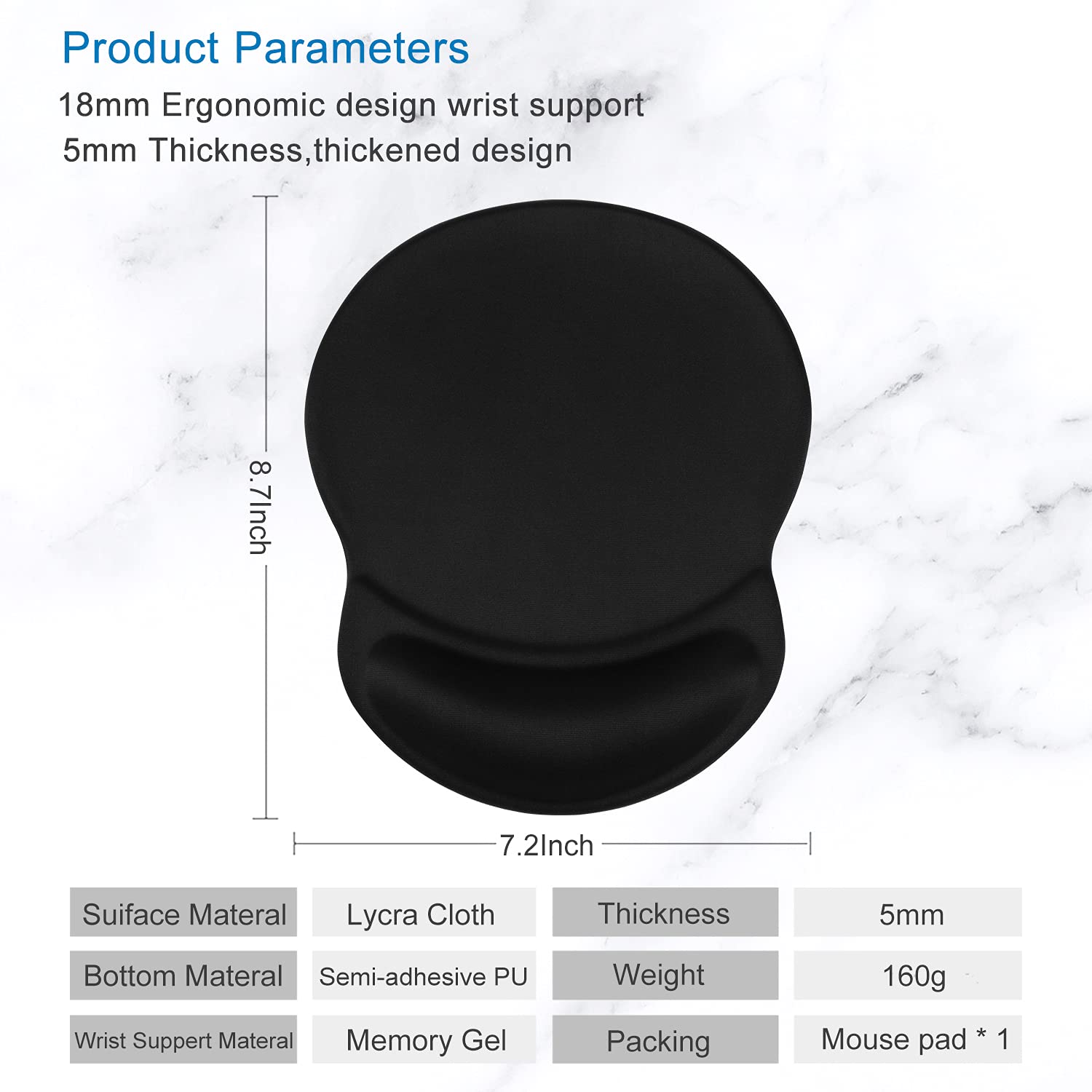 ITNRSIIET Mouse Pad, Ergonomic Mouse Pad with Gel Wrist Rest Support, Gaming Mouse Pad with Lycra Cloth, Non-Slip PU Base for Computer, Laptop, PC, Home, Office & Travel, Black