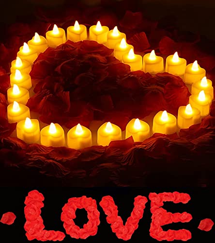 Romantic Decorations Special Night Set, Valentines Day Decor, 24 Pieces LED Tea Lights Candles and 2000 Pieces Artificial Rose Petals for Romantic Night, Valentine's Day, Anniversary or Table DĂŠcor