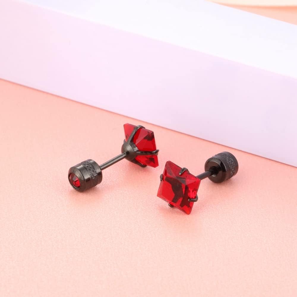 Hopply 4 Pairs Titanium Screw Back Surgical Stainless Steel Earrings for Women Men,Rainbow 5A Cubic Zirconia Studs Double Side Earrings Piercing Sleeper Jewelry 6mm(4 Packs Square CZ-6mm)