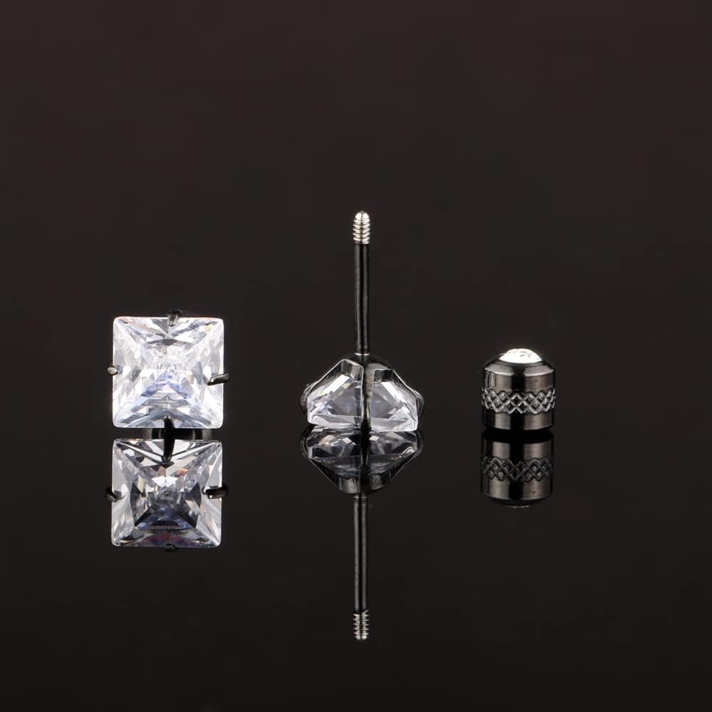 Hopply 4 Pairs Titanium Screw Back Surgical Stainless Steel Earrings for Women Men,Rainbow 5A Cubic Zirconia Studs Double Side Earrings Piercing Sleeper Jewelry 6mm(4 Packs Square CZ-6mm)