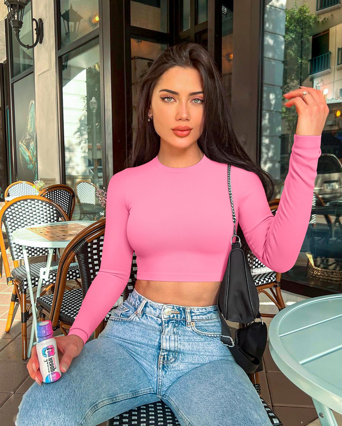 OQQ Women 3 Piece Crop Tops Long Sleeve Crew Neck Stretch Fitted Underscrubs Shirts Crop Tops Black White Candypink