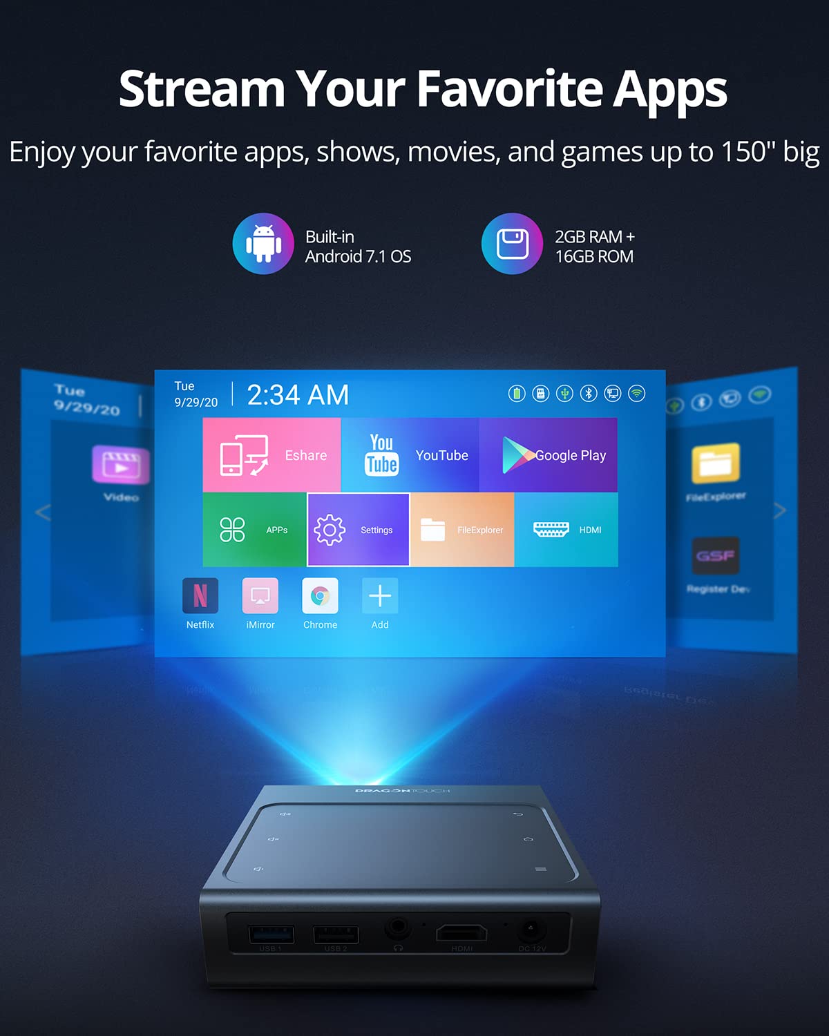 Mini Projector DLP - 5G WiFi Portable Pocket Projector with Tripod 1080P Movie Projector 150 ANSI Lumen, Built-in Android 7.1OS System