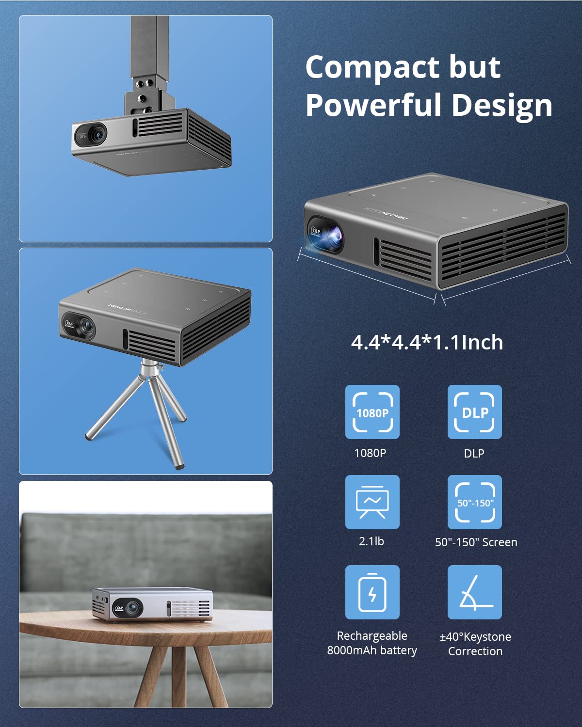 Mini Projector DLP - 5G WiFi Portable Pocket Projector with Tripod 1080P Movie Projector 150 ANSI Lumen, Built-in Android 7.1OS System