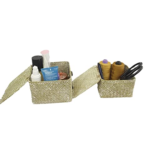 HAPYFURN Shelf Storage Boxes with Lid, Set of 2 Stackable Square Baskets for Shelves, Natural Seagrass Handwoven, Organizer Box of Cosmetics Keys Jewelry Needles Threads
