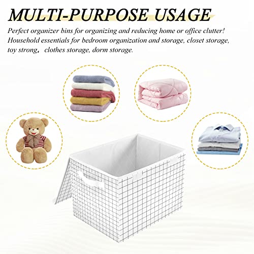Kigai Storage Basket White Grid Storage Boxes with Lids and Handle, Large Storage Cube Bin Collapsible for Shelves Closet Bedroom Living Room, 16.5x12.6x11.8 In