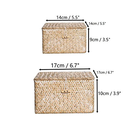HAPYFURN Shelf Storage Boxes with Lid, Set of 2 Stackable Square Baskets for Shelves, Natural Seagrass Handwoven, Organizer Box of Cosmetics Keys Jewelry Needles Threads