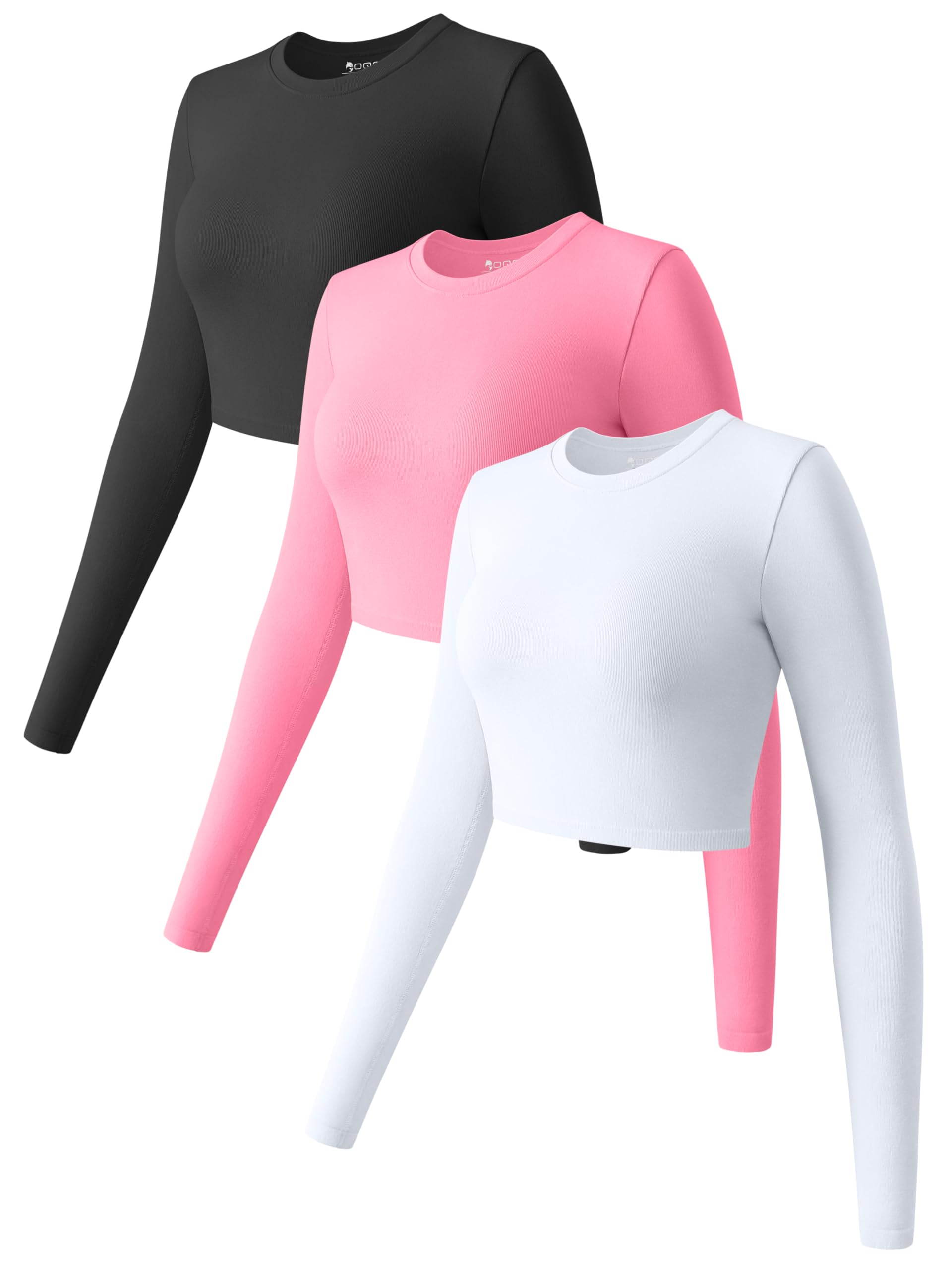 OQQ Women 3 Piece Crop Tops Long Sleeve Crew Neck Stretch Fitted Underscrubs Shirts Crop Tops Black White Candypink