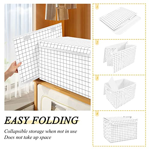Kigai Storage Basket White Grid Storage Boxes with Lids and Handle, Large Storage Cube Bin Collapsible for Shelves Closet Bedroom Living Room, 16.5x12.6x11.8 In