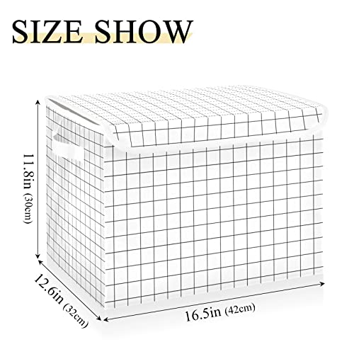 Kigai Storage Basket White Grid Storage Boxes with Lids and Handle, Large Storage Cube Bin Collapsible for Shelves Closet Bedroom Living Room, 16.5x12.6x11.8 In