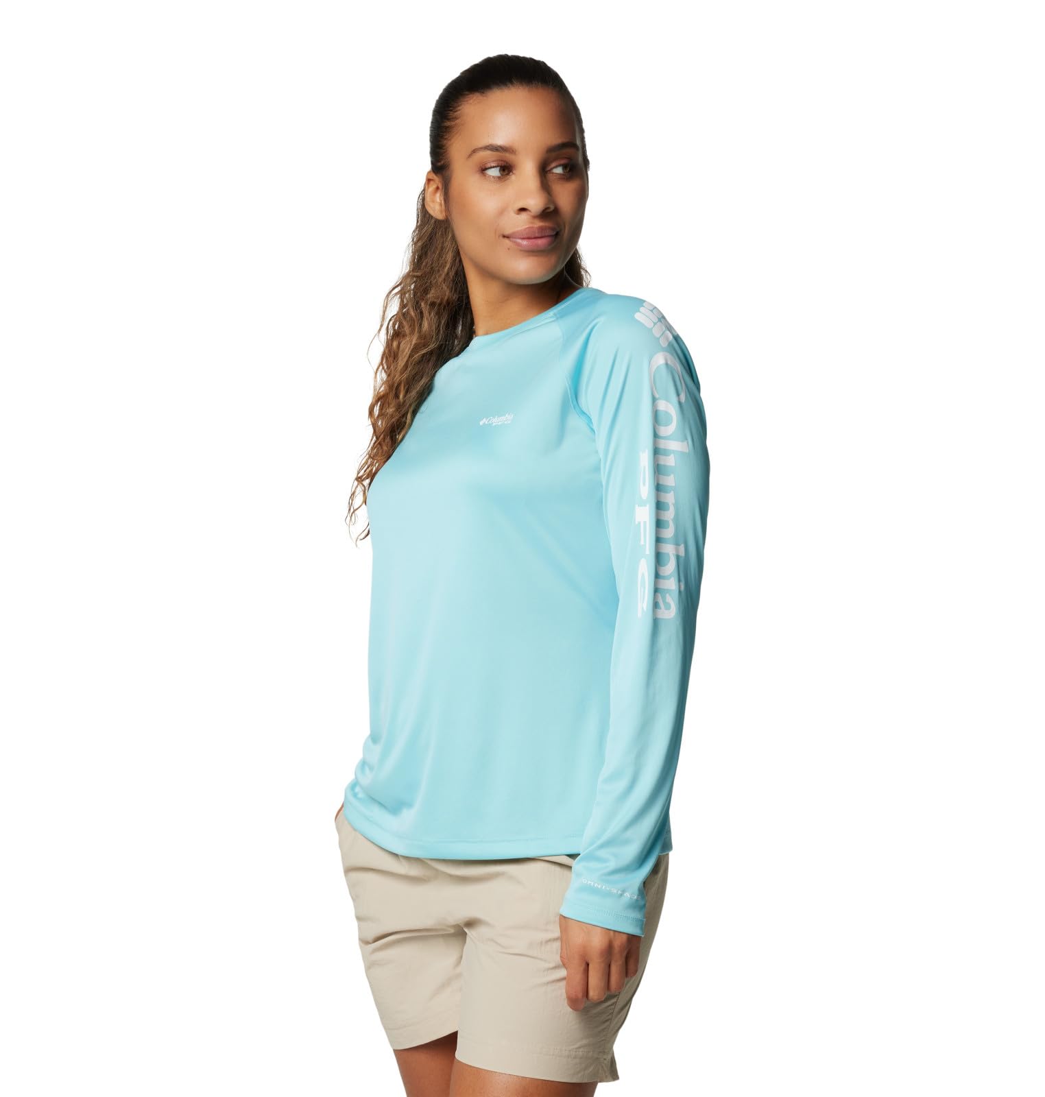 Columbia Womens PFG Tidal Tee II Long Sleeve Sun Protection Shirt, Clear Blue/White Logo, Medium