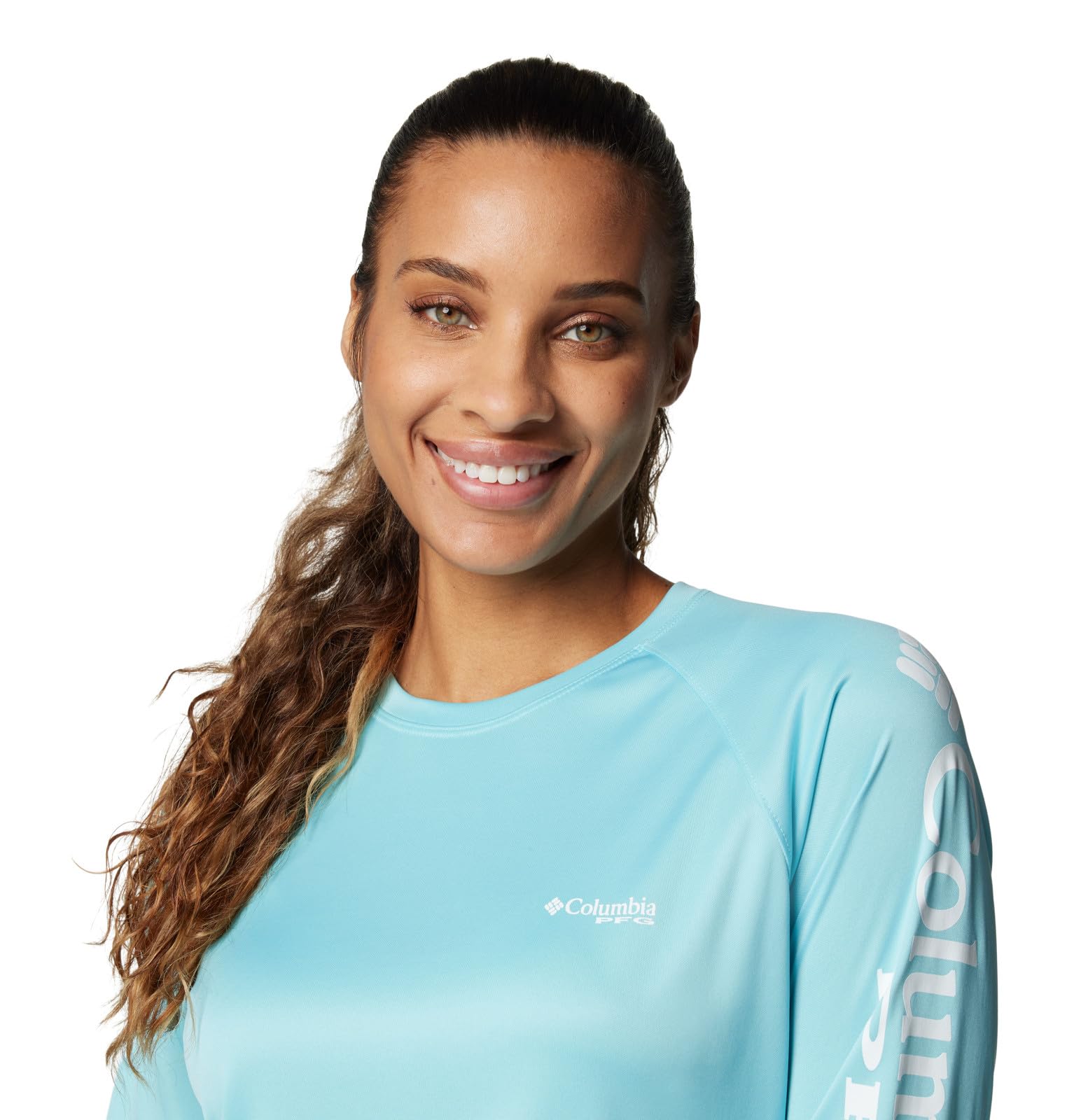 Columbia Womens PFG Tidal Tee II Long Sleeve Sun Protection Shirt, Clear Blue/White Logo, Medium