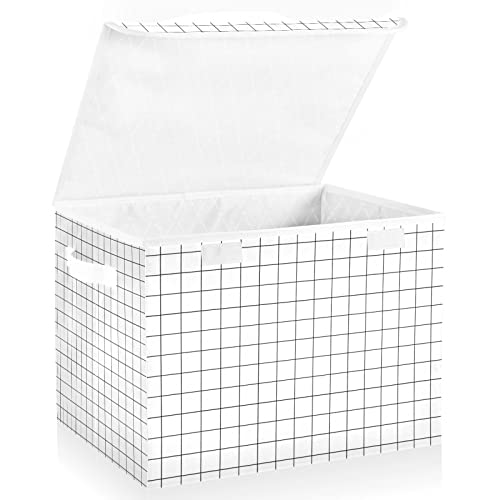 Kigai Storage Basket White Grid Storage Boxes with Lids and Handle, Large Storage Cube Bin Collapsible for Shelves Closet Bedroom Living Room, 16.5x12.6x11.8 In