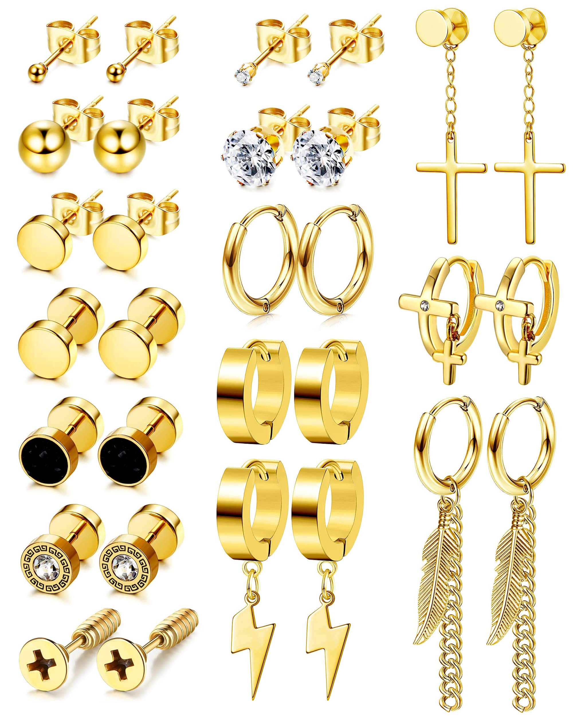 UBGICIG Earrings for Men 15Pairs Black Earrings Stainless Steel Stud Earrings Cross Dangle Hoop Men Earrings Set Fake Gauges Earrings for Women Men Piercing Jewelry Men's Earrings Set