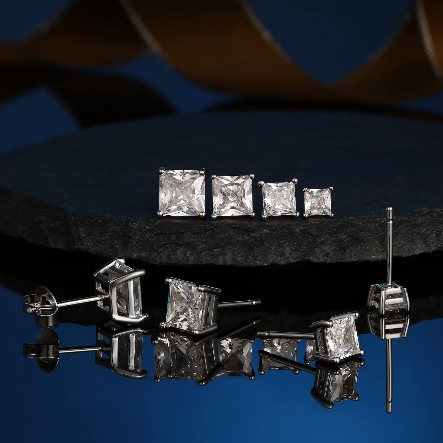 4 Pairs Real Gold Plated Square Stud Earring Set, Princess Cut Clear Cubic Zirconia Hypoallergenic Earrings Pack for Women and Men (4PCS White Earrings Set)