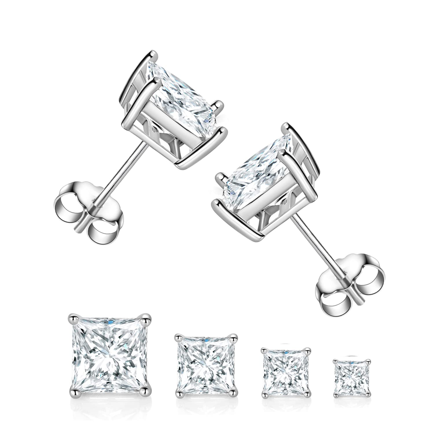 4 Pairs Real Gold Plated Square Stud Earring Set, Princess Cut Clear Cubic Zirconia Hypoallergenic Earrings Pack for Women and Men (4PCS White Earrings Set)