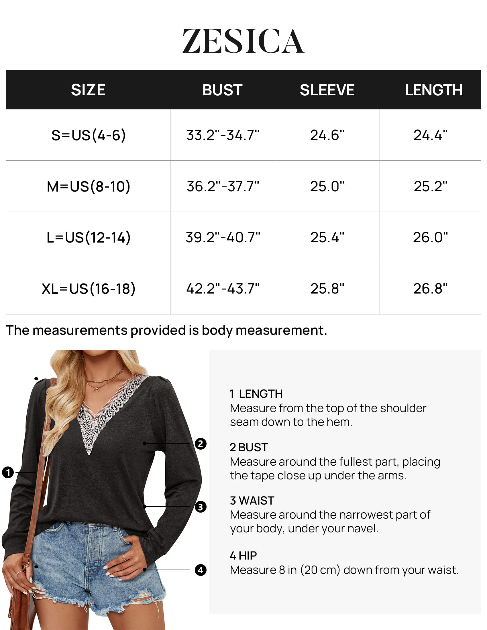 ZESICA Women's 2024 Casual Long Sleeve T Shirts Lace V Neck Trendy Basic Tops Summer Fall Tee Blouse,Black,Medium