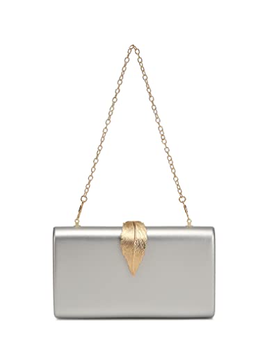 Beaguful Women's Fashion Evening Bags with Golden Leaves Crossbody Shoulder Handbag Chain Removable Silver