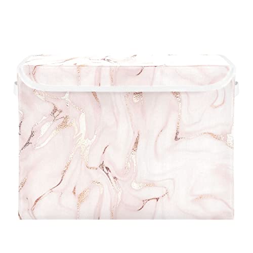 Kigai Storage Basket Rose Gold Abstract Marble Storage Boxes with Lids and Handle, Large Storage Cube Bin Collapsible for Shelves Closet Bedroom Living Room, 16.5x12.6x11.8 In