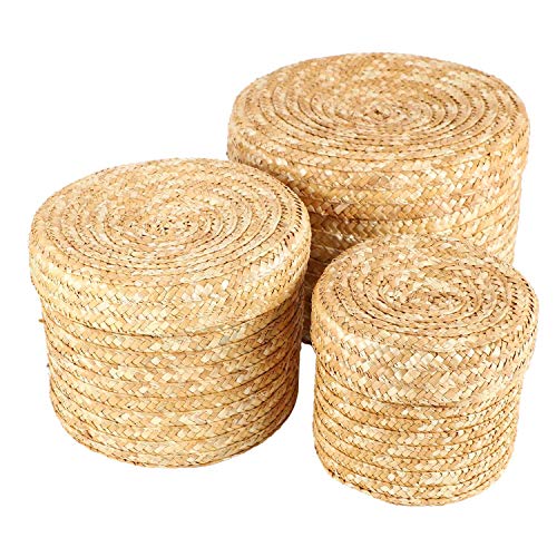 Lanyazet 3 Pcs/Set Handmade Straw Woven Storage Basket With Lid Organizer Storage Box Laundry Baskets Rattan Storage