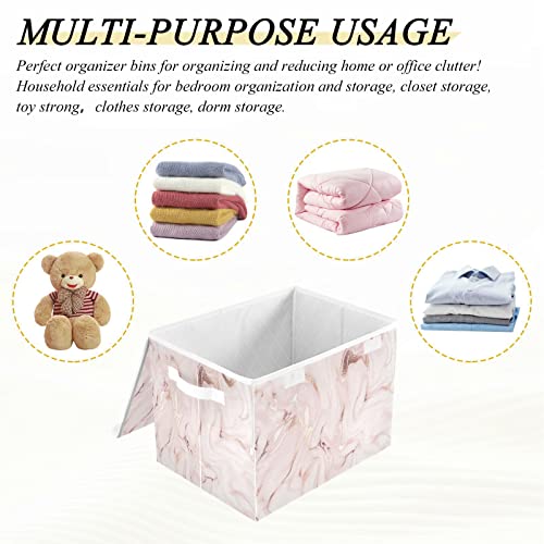 Kigai Storage Basket Rose Gold Abstract Marble Storage Boxes with Lids and Handle, Large Storage Cube Bin Collapsible for Shelves Closet Bedroom Living Room, 16.5x12.6x11.8 In