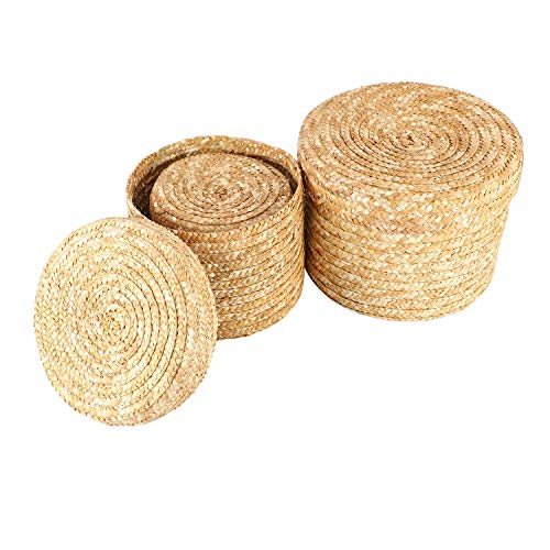 Lanyazet 3 Pcs/Set Handmade Straw Woven Storage Basket With Lid Organizer Storage Box Laundry Baskets Rattan Storage