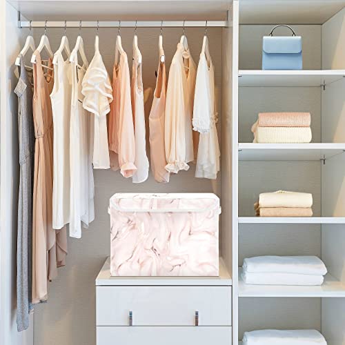 Kigai Storage Basket Rose Gold Abstract Marble Storage Boxes with Lids and Handle, Large Storage Cube Bin Collapsible for Shelves Closet Bedroom Living Room, 16.5x12.6x11.8 In