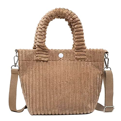 Corduroy Small Tote Bag Y2k Mini Crossbody Bag for Women Fuzzy Bucket Handbag Winter Fashion Hobo Shoulder Bag (Khaki,one size)
