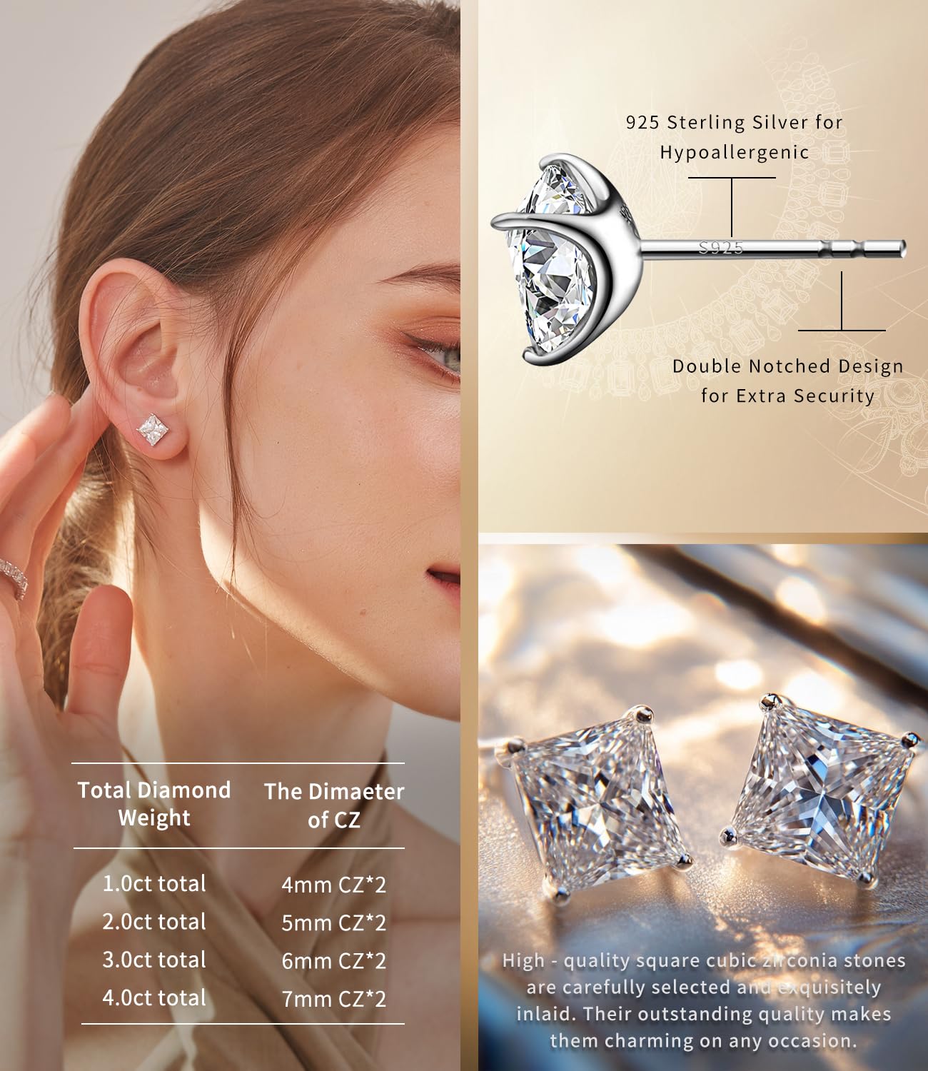 "STUNNING FLAME “18K Gold Plated Sterling Silver Princess Cut Cubic Zirconia Stud Earrings for men women(w-6)