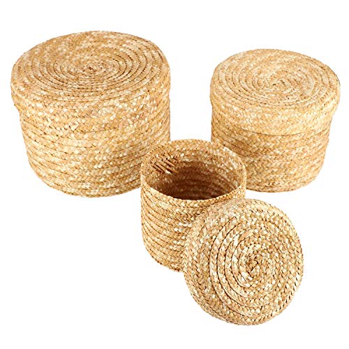 Lanyazet 3 Pcs/Set Handmade Straw Woven Storage Basket With Lid Organizer Storage Box Laundry Baskets Rattan Storage