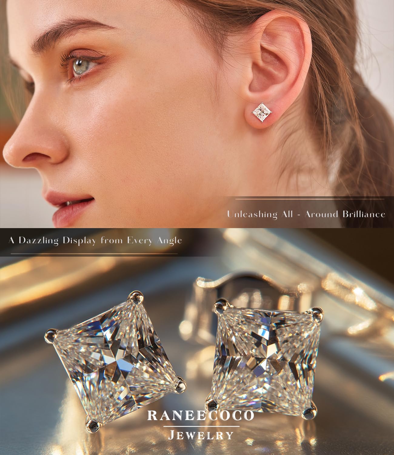 "STUNNING FLAME “18K Gold Plated Sterling Silver Princess Cut Cubic Zirconia Stud Earrings for men women(w-6)