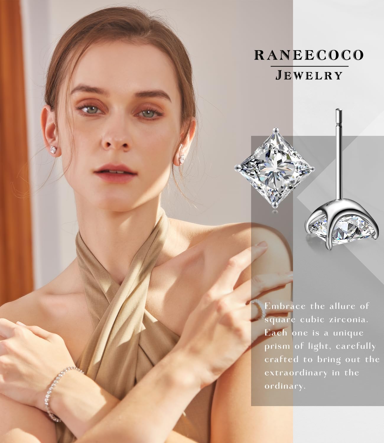 "STUNNING FLAME “18K Gold Plated Sterling Silver Princess Cut Cubic Zirconia Stud Earrings for men women(w-6)