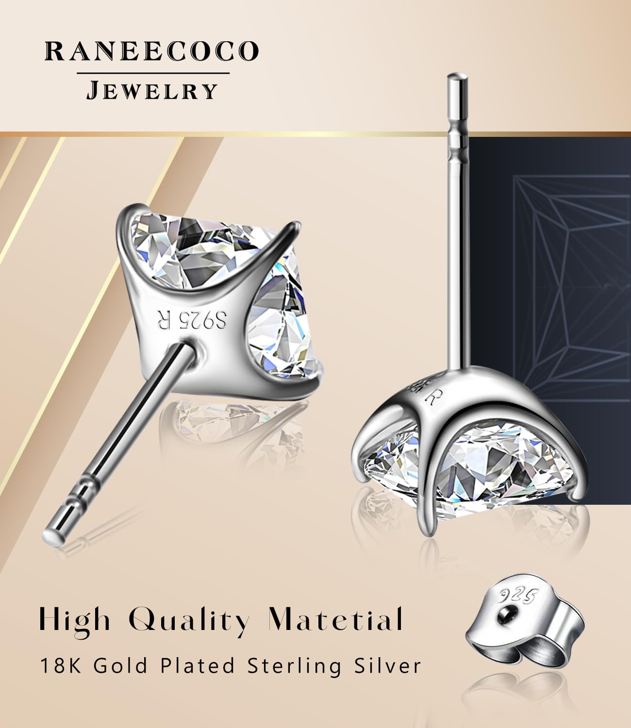 "STUNNING FLAME “18K Gold Plated Sterling Silver Princess Cut Cubic Zirconia Stud Earrings for men women(w-6)