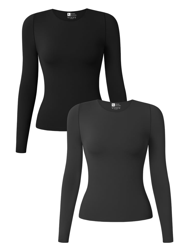 HYZ Women's 2 Piece Fall Long Sleeve Crew Neck Fitted Basic Workout Tunic Tops (US, Alpha, Large, Regular, Regular, Black Drakgray)