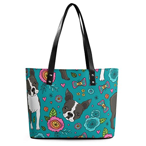 Womens Handbag Boston Terrier Dog Leather Tote Bag Top Handle Satchel Bags For Lady