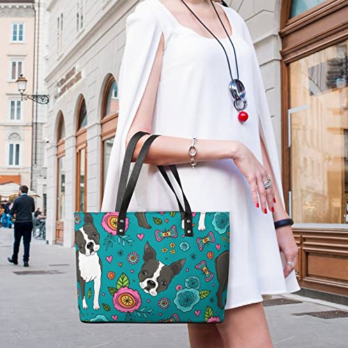 Womens Handbag Boston Terrier Dog Leather Tote Bag Top Handle Satchel Bags For Lady