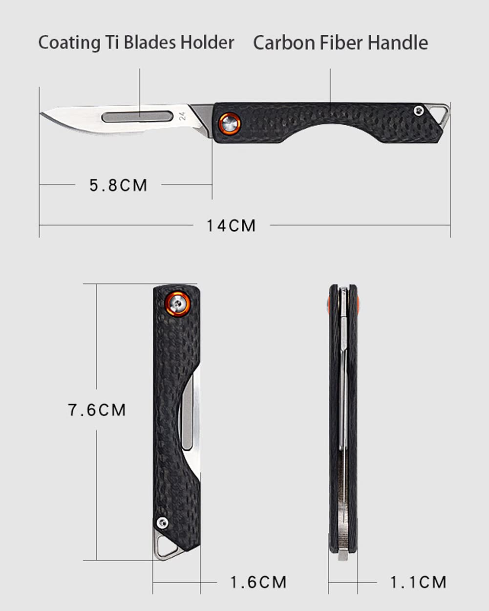 ainhue A32-CF Compact Slip Joint Scalpel Folding Pocket Knife, 10pcs #24 Replaceable Blade, 3.2 inches Contoured Carbon Fiber Handle with Lanyard, Utility EDC Keychain Box Opening Knives