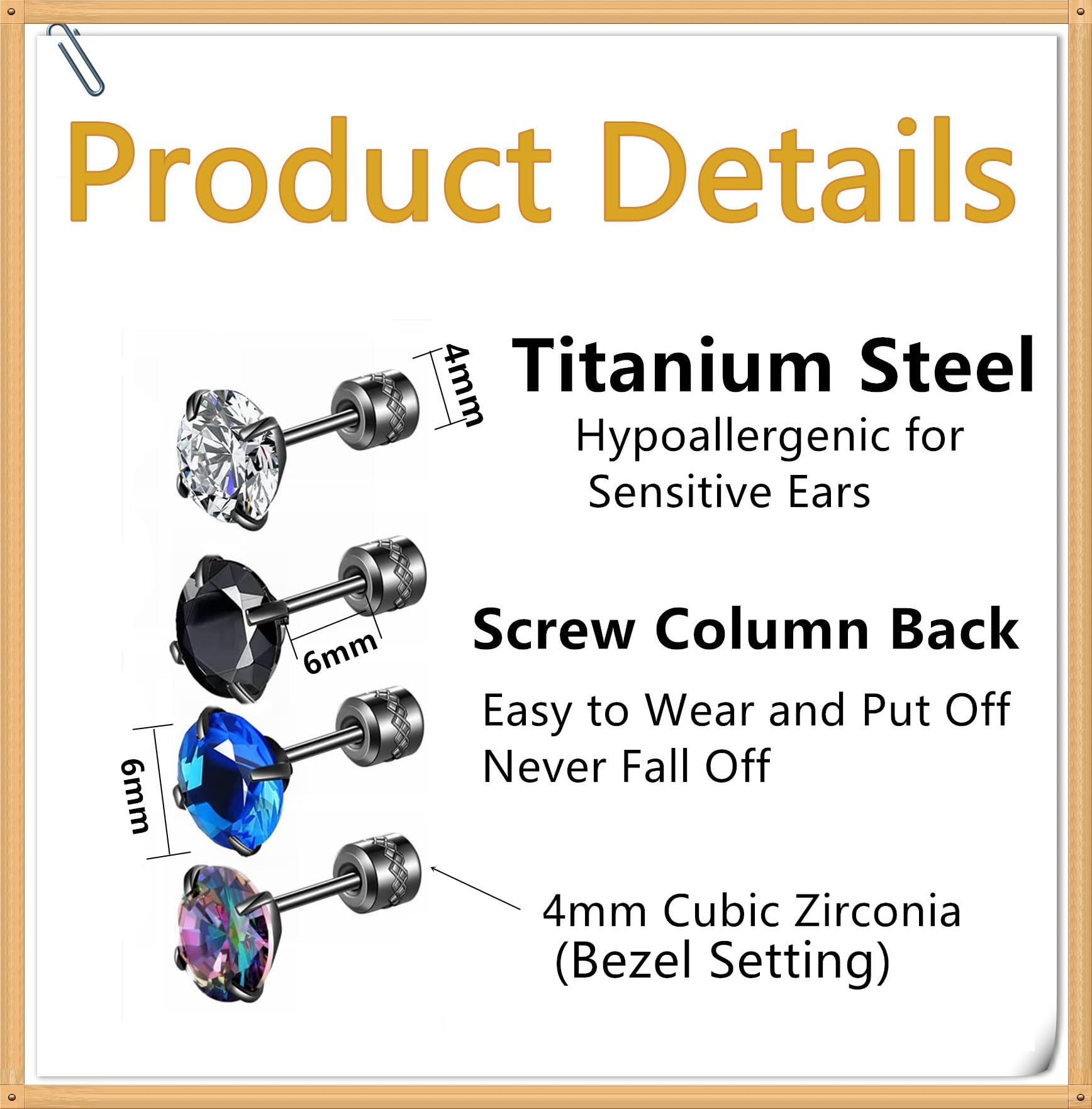 Hopply 4 Pairs Titanium Screw Back Surgical Stainless Steel Earrings for Women Men,Rainbow 5A Cubic Zirconia Studs Double Side Earrings Piercing Sleeper Jewelry 6mm (A-Black Colorful CZ)