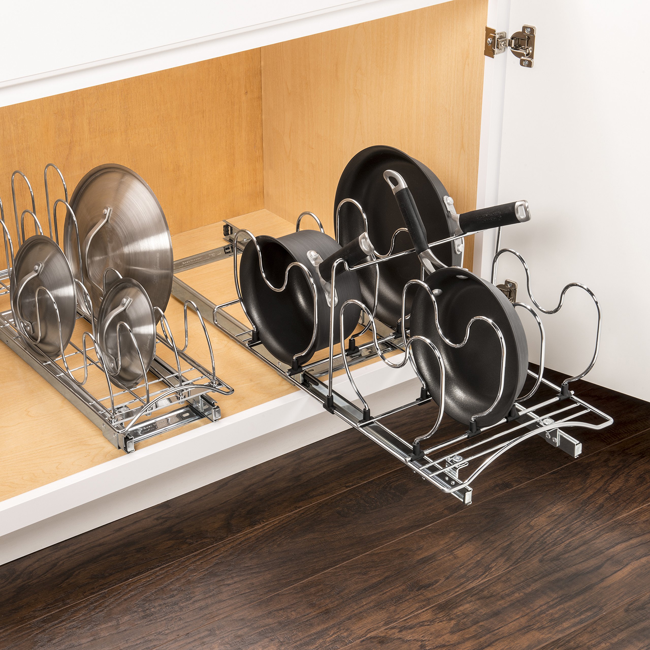 Lynk ProfessionalĀ® Pot and Pan Organizer for Cabinet - Pull Out Pan Organizer Rack - Slide Out Pans and Pots Lid Holder - Under Cabinet Kitchen Organization and Storage - 11" Wide x 21" Deep - Chrome