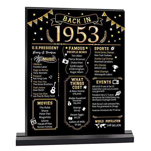 Kihraw 70th Birthday Party Decoration, Black Gold Back in 1953 Table Sign with Base Plate, 70 Year Old Birthday Party Supplies, Vintage 1953 Display Holder Table Decorations for Men Women