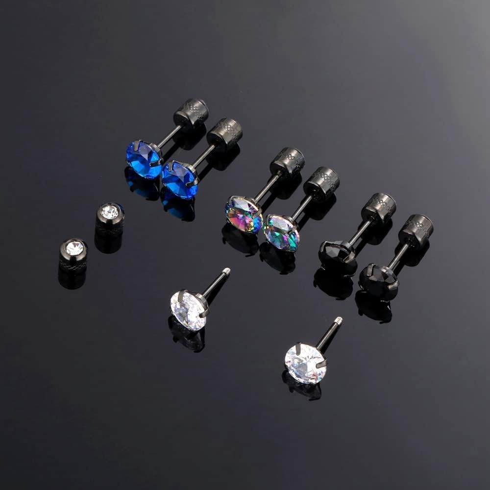 Hopply 4 Pairs Titanium Screw Back Surgical Stainless Steel Earrings for Women Men,Rainbow 5A Cubic Zirconia Studs Double Side Earrings Piercing Sleeper Jewelry 6mm (A-Black Colorful CZ)