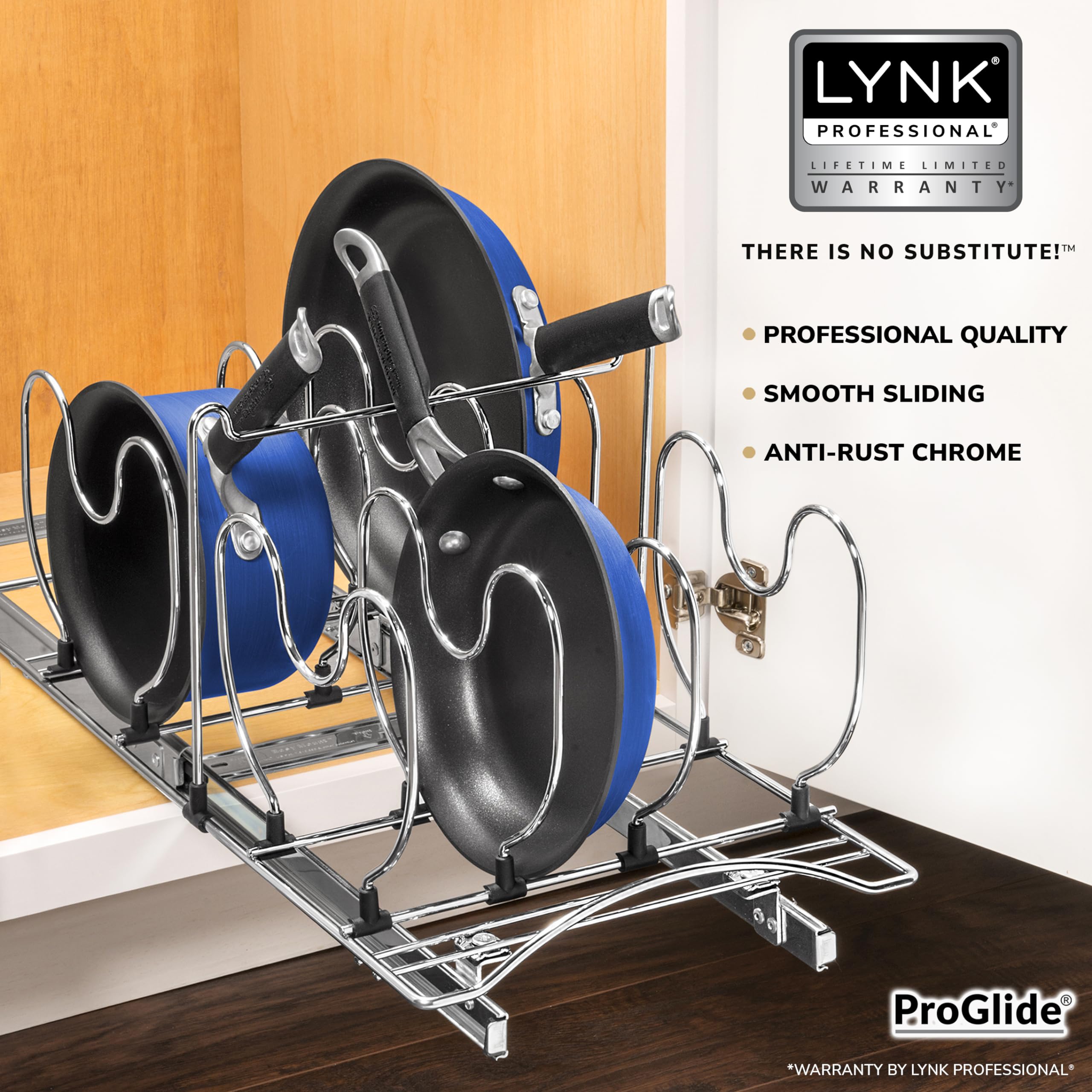 Lynk ProfessionalĀ® Pot and Pan Organizer for Cabinet - Pull Out Pan Organizer Rack - Slide Out Pans and Pots Lid Holder - Under Cabinet Kitchen Organization and Storage - 11" Wide x 21" Deep - Chrome
