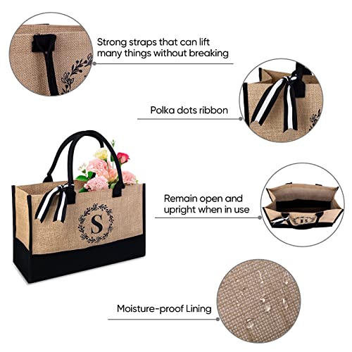 GIFTOXO Jute/Canvas Tote Bag For Women, Personalized Initial Tote Bag for Wedding Beach Birthday, Monogrammed Gift for Her (B)